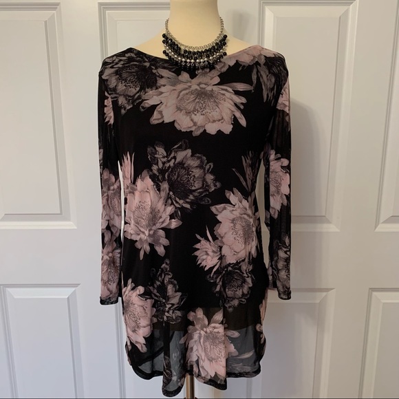 Kasper | Tops | Kasper Black And Pink Floral Layered Sheer Tunic Blouse ...